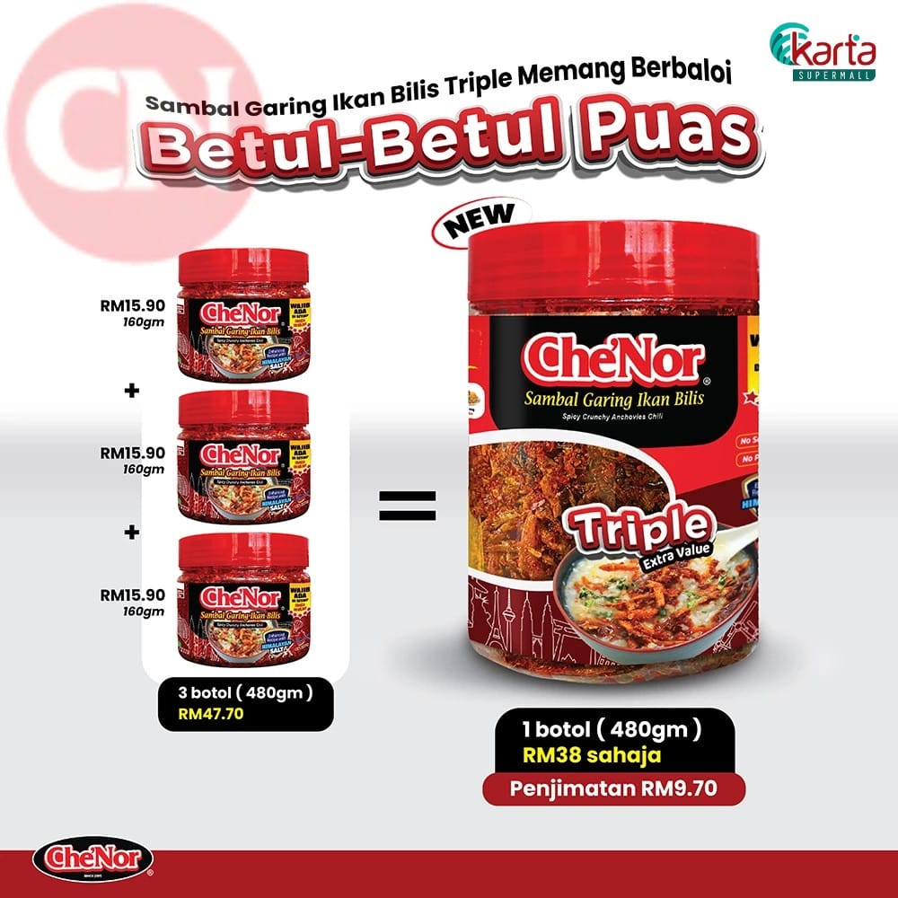 CheNor Sambal Garing Ikan Bilis TRIPLE 480g - Karta Supermall