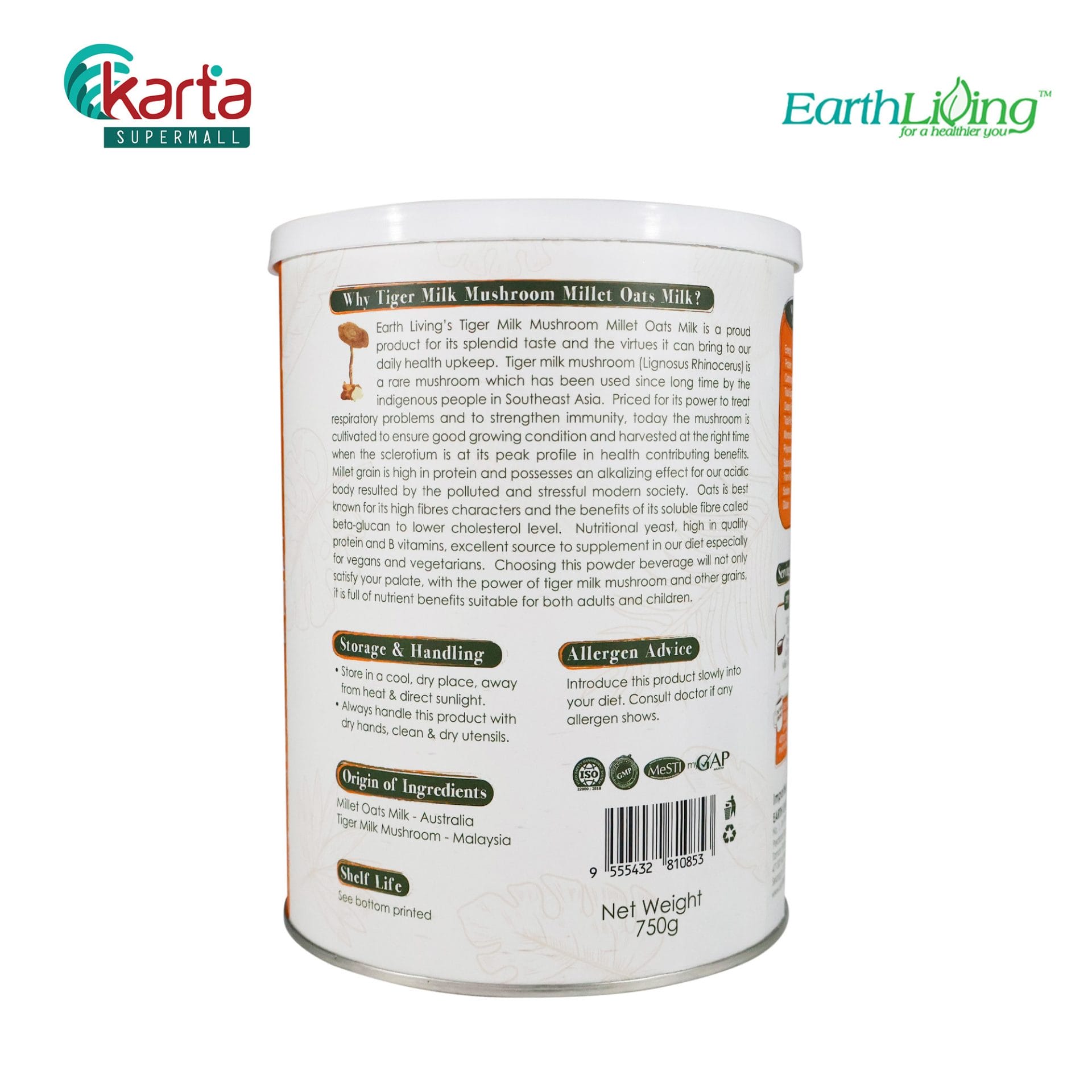 Earth Living Tiger Milk Mushroom Millet Oats Milk 750g - Karta Supermall